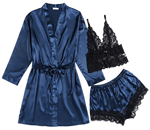 eshion Women's Satin Pajama Set 3 Pcs Silk Robe Set Sexy Lace Trim Cami Pjs Set with Shorts(Navy,Medium)