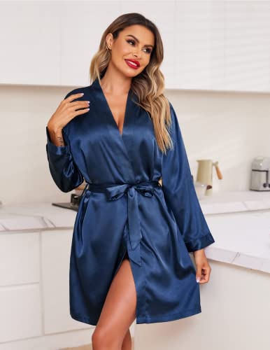 eshion Women's Satin Pajama Set 3 Pcs Silk Robe Set Sexy Lace Trim Cami Pjs Set with Shorts(Navy,Medium)