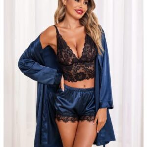 eshion Women's Satin Pajama Set 3 Pcs Silk Robe Set Sexy Lace Trim Cami Pjs Set with Shorts(Navy,Medium)