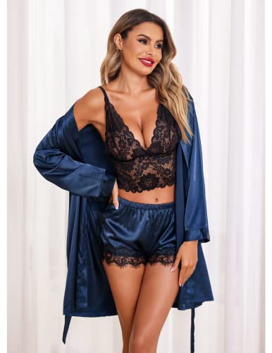 eshion Women's Satin Pajama Set 3 Pcs Silk Robe Set Sexy Lace Trim Cami Pjs Set with Shorts(Navy,Medium)