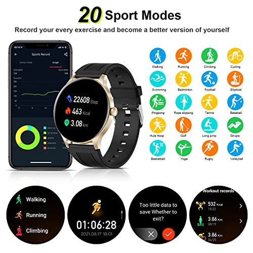 LiveGo Smart Watch for Men Women, 2023 1.3" IP68 Waterproof Smartwatch for Android Phones Compatible iOS iPhone, Activity Fitness Tracker with Heart Rate Blood Pressure Oxygen Sleep Monitor, Gold