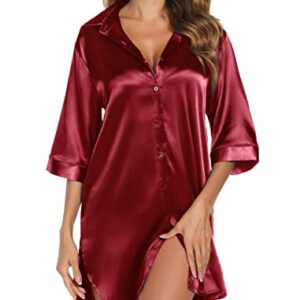 Leikar Silk Nightgown For Women Satin Slik Pajamas Sleep Shirts Wine Red