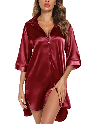 Leikar Silk Nightgown For Women Satin Slik Pajamas Sleep Shirts Wine Red