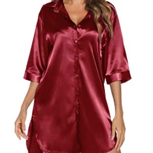 Leikar Silk Nightgown For Women Satin Slik Pajamas Sleep Shirts Wine Red