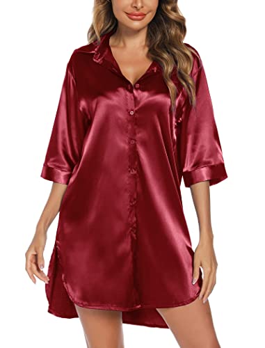 Leikar Silk Nightgown For Women Satin Slik Pajamas Sleep Shirts Wine Red