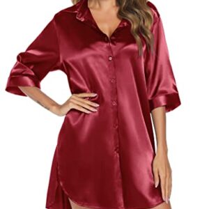 Leikar Silk Nightgown For Women Satin Slik Pajamas Sleep Shirts Wine Red