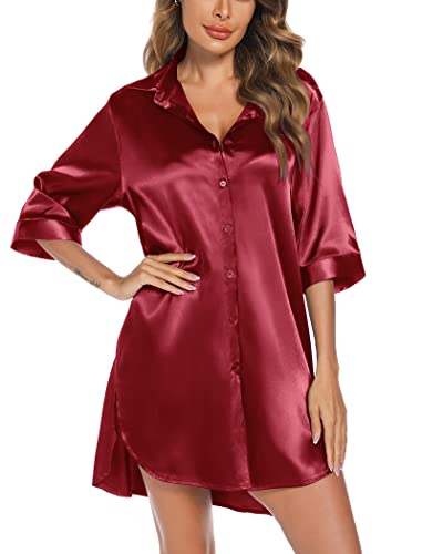 Leikar Silk Nightgown For Women Satin Slik Pajamas Sleep Shirts Wine Red