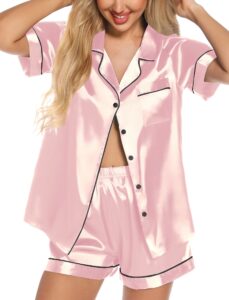 leikar womens silk satin pajamas shorts set bride pajamas button down pjs loungewear set s-xxl pink