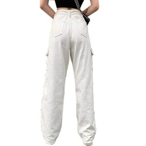 LONGYIDA Baggy Jeans for Women Y2K Stretch High Waisted Straight Wide Leg Denim Jeans Casual Cargo Pants Trousers(White,S)