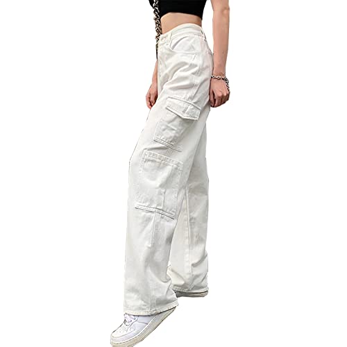 LONGYIDA Baggy Jeans for Women Y2K Stretch High Waisted Straight Wide Leg Denim Jeans Casual Cargo Pants Trousers(White,S)