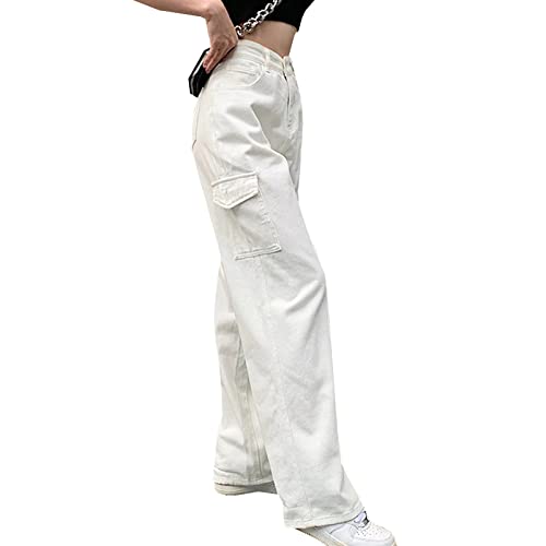 LONGYIDA Baggy Jeans for Women Y2K Stretch High Waisted Straight Wide Leg Denim Jeans Casual Cargo Pants Trousers(White,S)