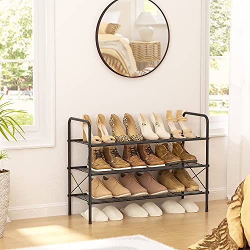 Tajsoon 3-Tier Stackable Shoe Rack Organizer, Adjustable & Expandable Shoe Storage Shelf for Entryway, Metal Wire Grid with X Shape Fixed Frame, Black