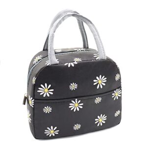 sonuimy insulated lunch bag women, reusable cute tote lunch box for adult & men, leakproof cooler lunch bags for work office travel picnic (black with white daisy)