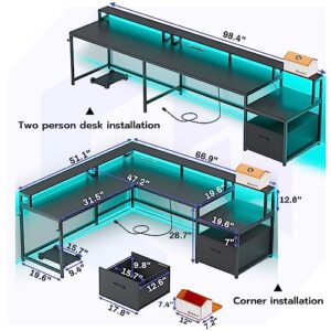 SEDETA L Shaped Gaming Desk, 66" Home Office Desk with Led Lights File Drawer & Power Outlet , Corner Computer Desk with Monitor Shelf, Printer Storage Shelves, Two Person Desk, Black