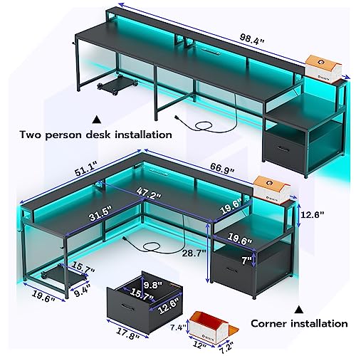 SEDETA L Shaped Gaming Desk, 66" Home Office Desk with Led Lights File Drawer & Power Outlet , Corner Computer Desk with Monitor Shelf, Printer Storage Shelves, Two Person Desk, Black