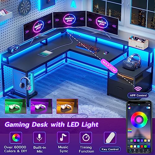 SEDETA L Shaped Gaming Desk, 66" Home Office Desk with Led Lights File Drawer & Power Outlet , Corner Computer Desk with Monitor Shelf, Printer Storage Shelves, Two Person Desk, Black