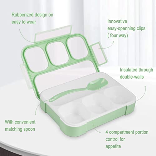 Bento Lunch Box for Kids, 4 Compartment Kids Lunch Box Leak Proof, Cute Bento Snack Box for Adults and Kids With Utensils, Lunch Containers BPA-Free, Microwave Bento Box (Green)