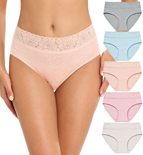 RHYFF Womens Underwear Cotton Bikini Panties Lace Soft Hipster Panty Ladies Stretch Full Briefs 5 Pack(R6004L-Light)