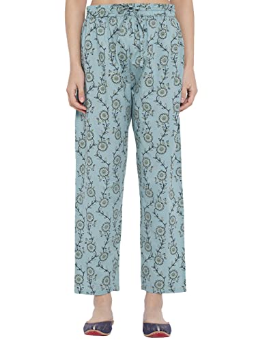 Yash Gallery Women's Cotton Floral Print A-line Kurta Pant Set (Blue)