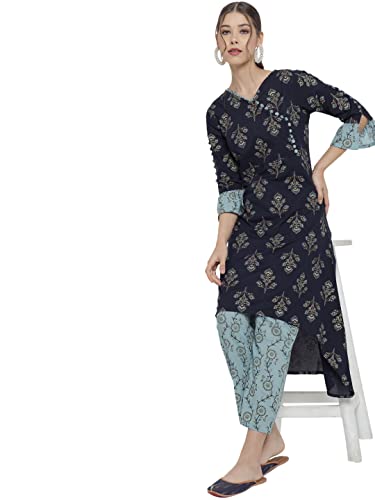 Yash Gallery Women's Cotton Floral Print A-line Kurta Pant Set (Blue)