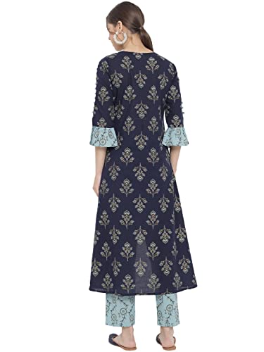 Yash Gallery Women's Cotton Floral Print A-line Kurta Pant Set (Blue)