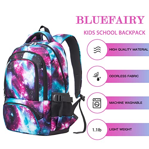 BLUEFAIRY Galaxy Backpack for Girls Elementary School Bag For Kids Child Primary Book Bags Sky Space Print Durable Gifts Presents Travel Mochila Para Niñas 17Inch (Purple)