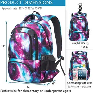 BLUEFAIRY Galaxy Backpack for Girls Elementary School Bag For Kids Child Primary Book Bags Sky Space Print Durable Gifts Presents Travel Mochila Para Niñas 17Inch (Purple)