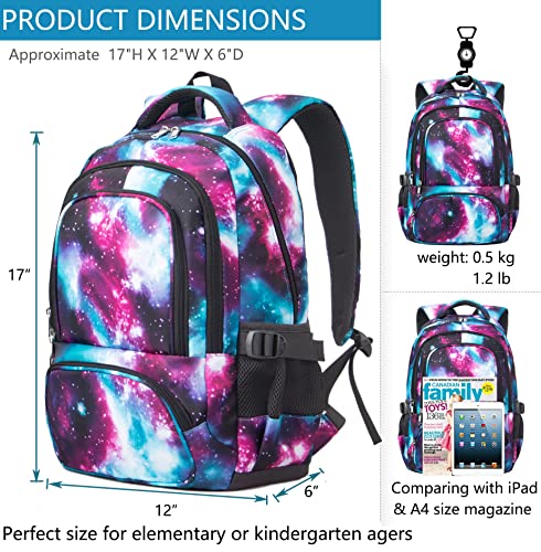 BLUEFAIRY Galaxy Backpack for Girls Elementary School Bag For Kids Child Primary Book Bags Sky Space Print Durable Gifts Presents Travel Mochila Para Niñas 17Inch (Purple)