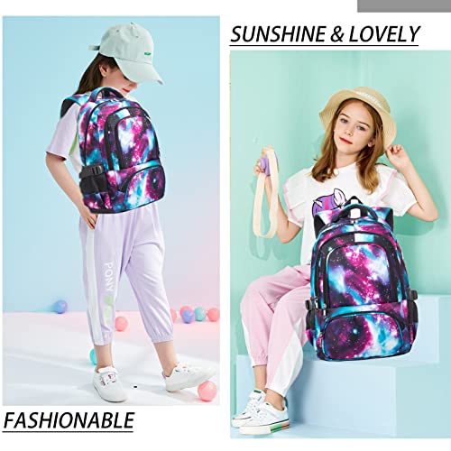 BLUEFAIRY Galaxy Backpack for Girls Elementary School Bag For Kids Child Primary Book Bags Sky Space Print Durable Gifts Presents Travel Mochila Para Niñas 17Inch (Purple)