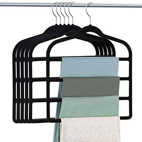 Velvet Hangers Space Saving Non Slip Pant Velvet Hangers, DUDUCOFU 6 Pack Black Velvet Hangers Multi Layer Clothes Hangers Closet Organizer for Pants Jeans Trousers Scarf