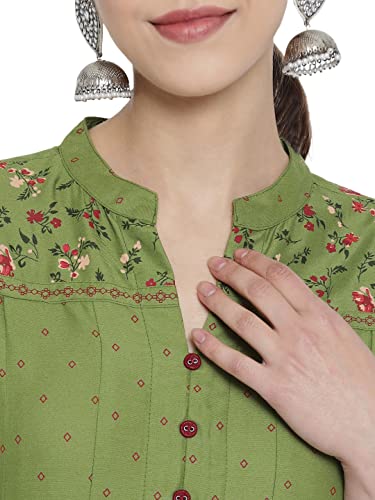 Yash Gallery Women's Rayon Floral Print Anarkali Kurta (Green)