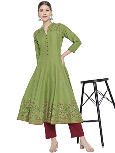 Yash Gallery Women's Rayon Floral Print Anarkali Kurta (Green)