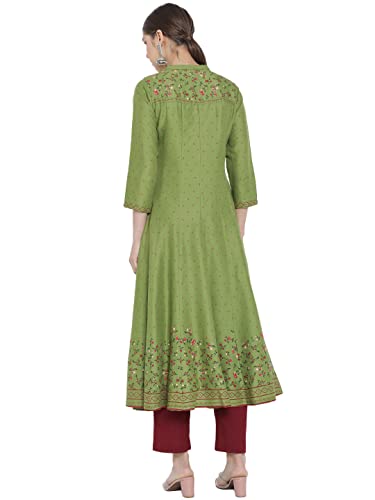 Yash Gallery Women's Rayon Floral Print Anarkali Kurta (Green)