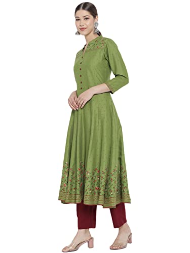 Yash Gallery Women's Rayon Floral Print Anarkali Kurta (Green)