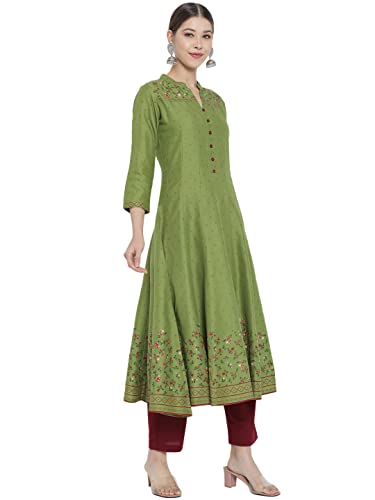 Yash Gallery Women's Rayon Floral Print Anarkali Kurta (Green)