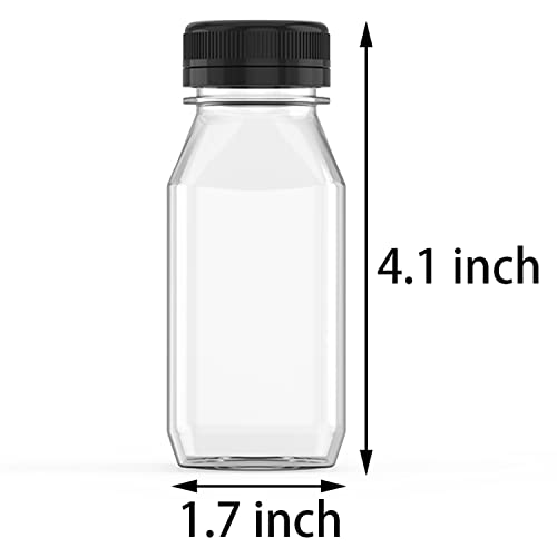 Hulless 10 Pcs 4 Ounce Plastic Juice Bottle Drink Containers Juicing Bottles with Black Lids, Suitable for Juice, Smoothies, Milk and Homemade Beverages, 120 mL