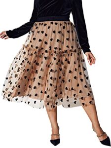 floerns women's plus size heart printed contrast mesh frill trim flared midi skirt apricot 2xl