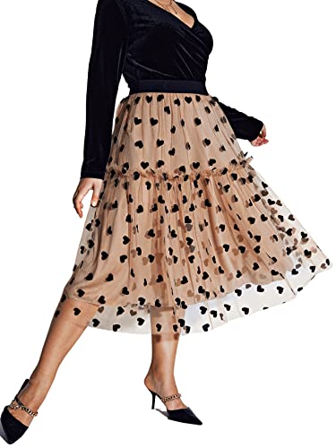 Floerns Women's Plus Size Heart Printed Contrast Mesh Frill Trim Flared Midi Skirt Apricot 2XL