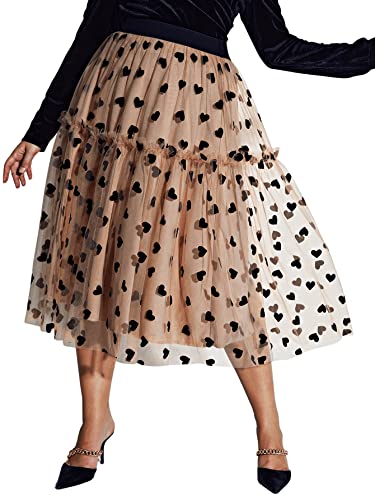 Floerns Women's Plus Size Heart Printed Contrast Mesh Frill Trim Flared Midi Skirt Apricot 2XL