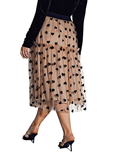 Floerns Women's Plus Size Heart Printed Contrast Mesh Frill Trim Flared Midi Skirt Apricot 2XL