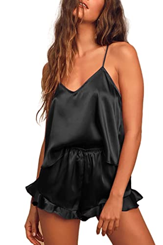 CHYRII Women's Sexy Ruffled Silk Satin PJS Racerback Cami Tops Shorts 2 PCS Pajamas Sets Nightwear Black M