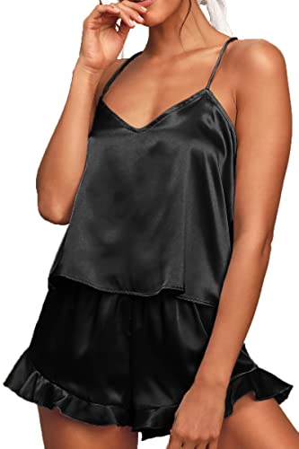 CHYRII Women's Sexy Ruffled Silk Satin PJS Racerback Cami Tops Shorts 2 PCS Pajamas Sets Nightwear Black M