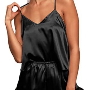 CHYRII Women's Sexy Ruffled Silk Satin PJS Racerback Cami Tops Shorts 2 PCS Pajamas Sets Nightwear Black M