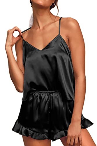 CHYRII Women's Sexy Ruffled Silk Satin PJS Racerback Cami Tops Shorts 2 PCS Pajamas Sets Nightwear Black M