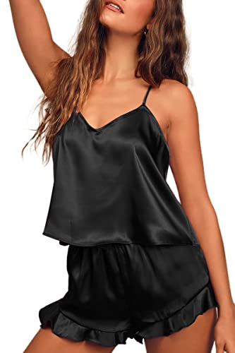 CHYRII Women's Sexy Ruffled Silk Satin PJS Racerback Cami Tops Shorts 2 PCS Pajamas Sets Nightwear Black M