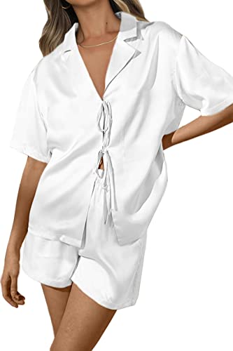 CHYRII Women's Silk Satin Pajamas Sets Tie Front Short Sleeve Tops and Shorts Two Piece Pj Sets Sleepwear White M