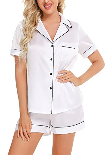 Veseacky Satin Sleepwear with Silky Youth Short Sleeve Sleepwear Soft Lightweight Silk Button Down Sleepwear Short Pjs Loungwear White XXL