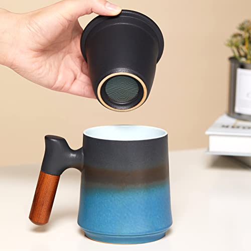 ZENS Tea Cup with Infuser and Lid, 13.5 Ounce Gradient Blue Ceramic Loose Leaf Tea Mug, Rosewood Handle Tea Steeping Mug for Gifts, Black&Blue