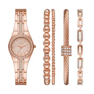 queen's court three-hand rose gold tone metal watch gift set with bracelet accessories (model: zr97001)