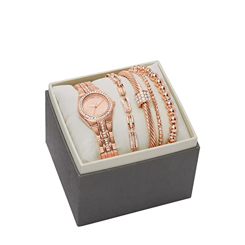 Queen's Court Three-Hand Rose Gold Tone Metal Watch Gift Set with Bracelet Accessories (Model: ZR97001)